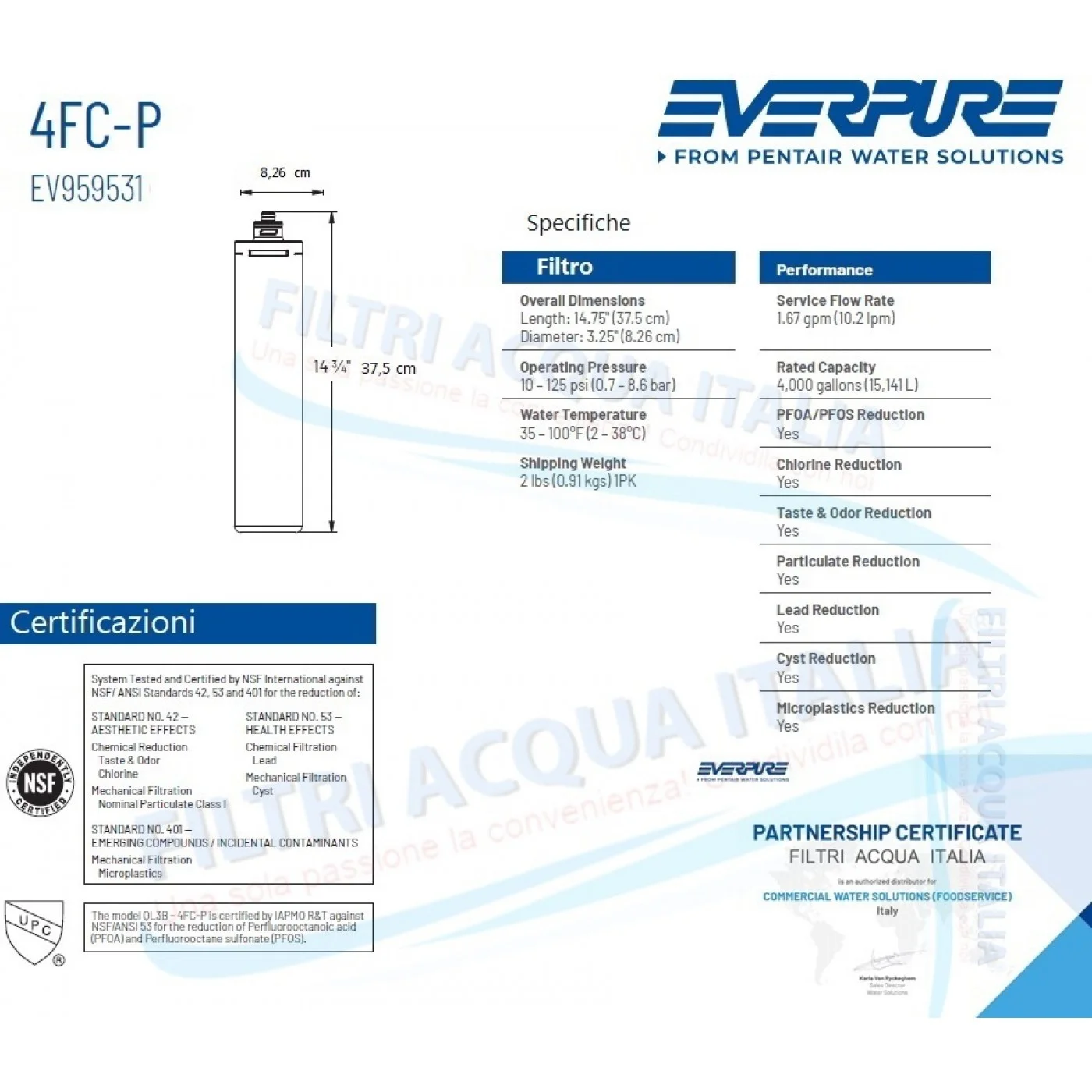 Filtri PFAS acqua Everpure 4FCP Rimuove PFA